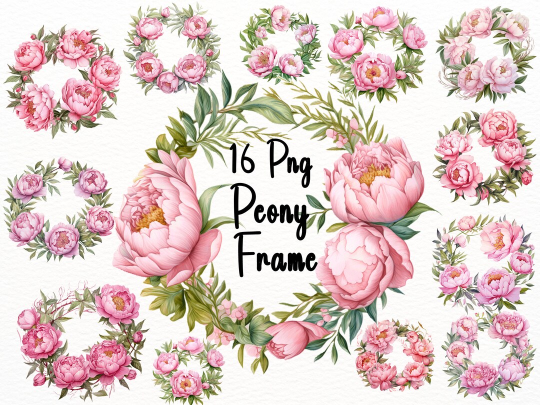 16 PNG Watercolor Pink Peony Frames Clipart , Sublimation Files ...