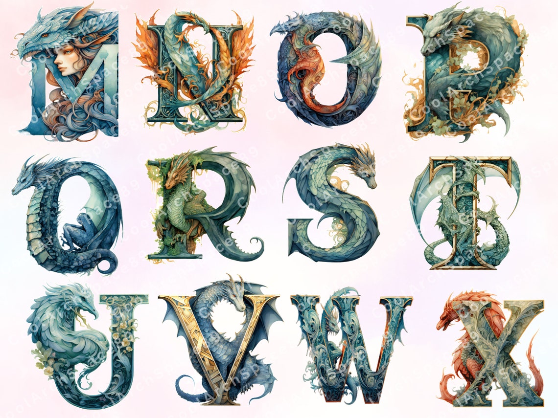 Dragon Alphabet Clipart: Watercolor Fantasy Lettering (digital Print ...