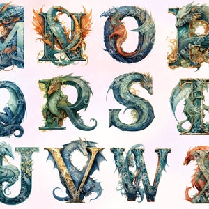 26 A - Z Dragon Themed Alphabet Clipart, Watercolor, Digital Print ...