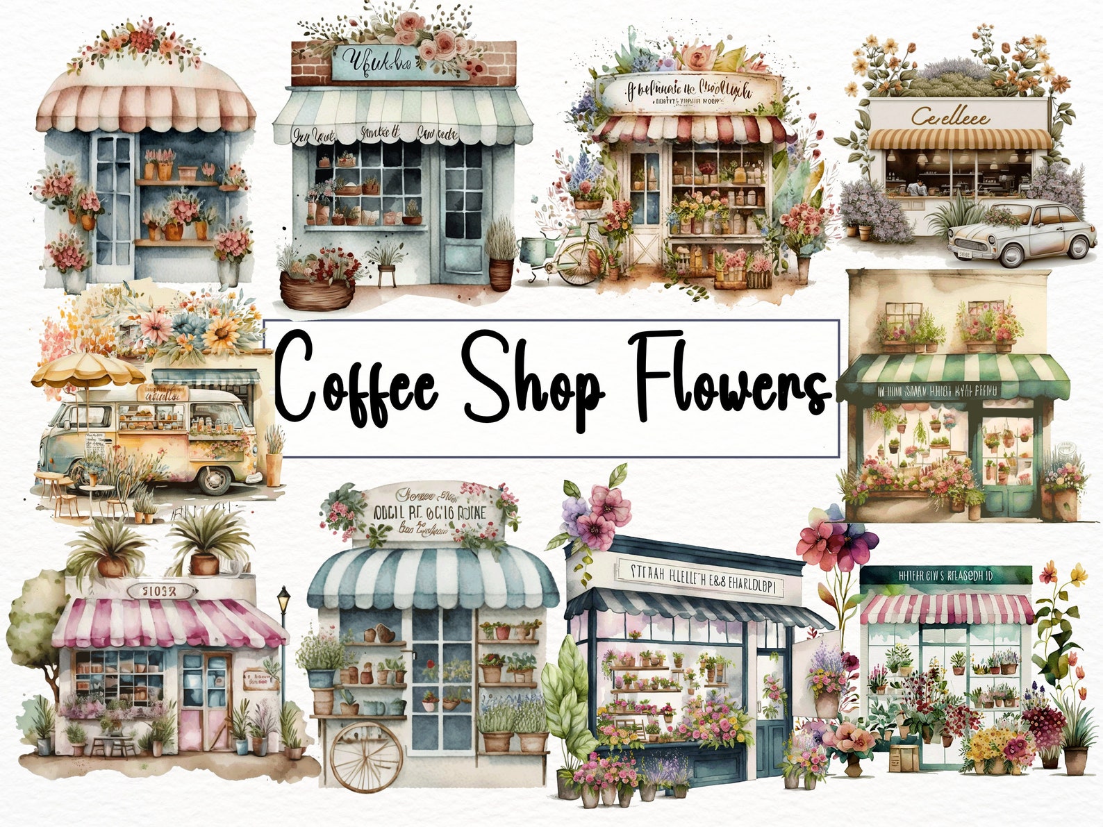 18 PNG Watercolor Cafe Flowers Bundle, Clipart, Digital Watercolor ...