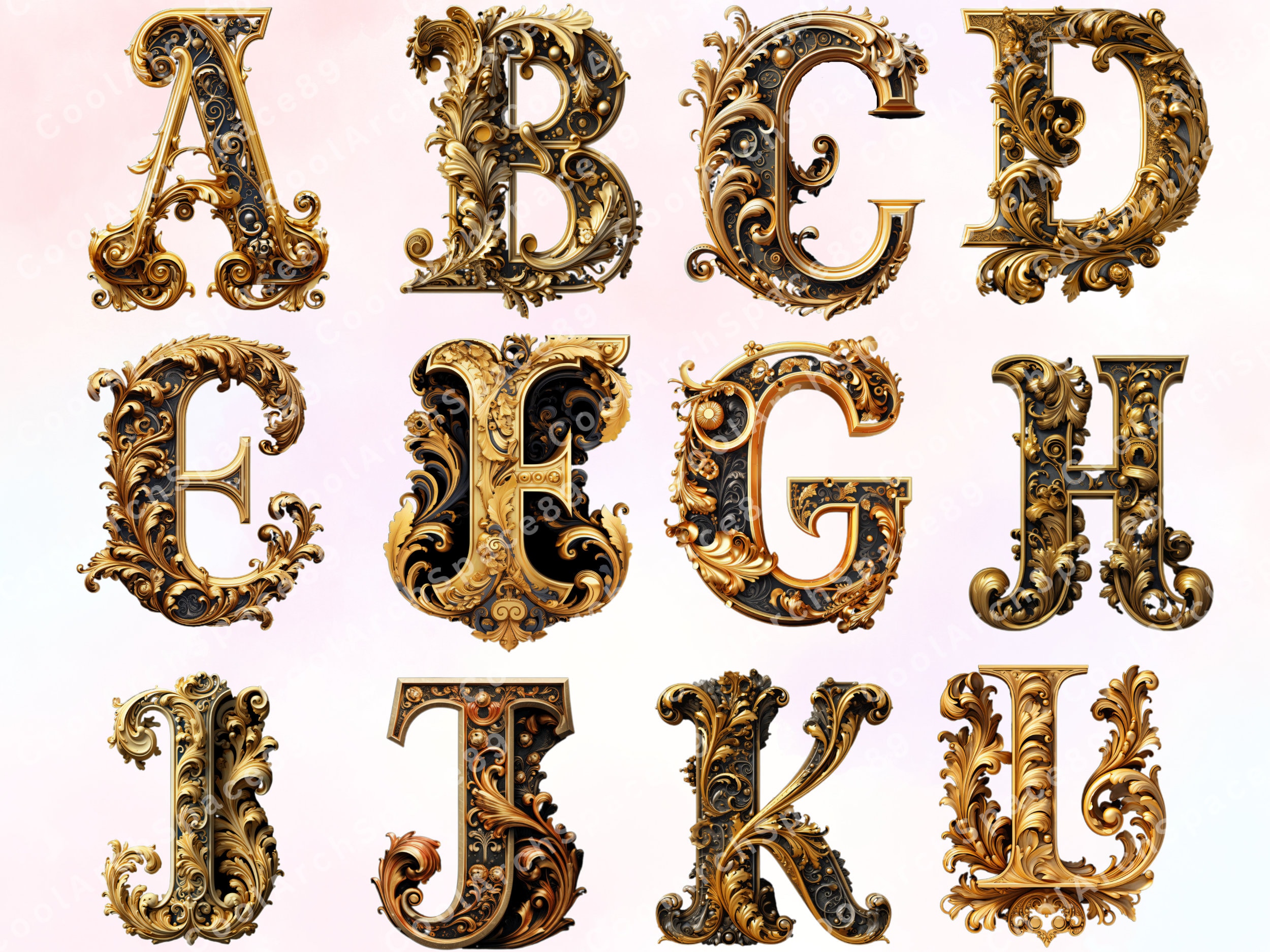 Rococo Goldceltic Letters A-Z PNG Files for Sublimation ,digital ...