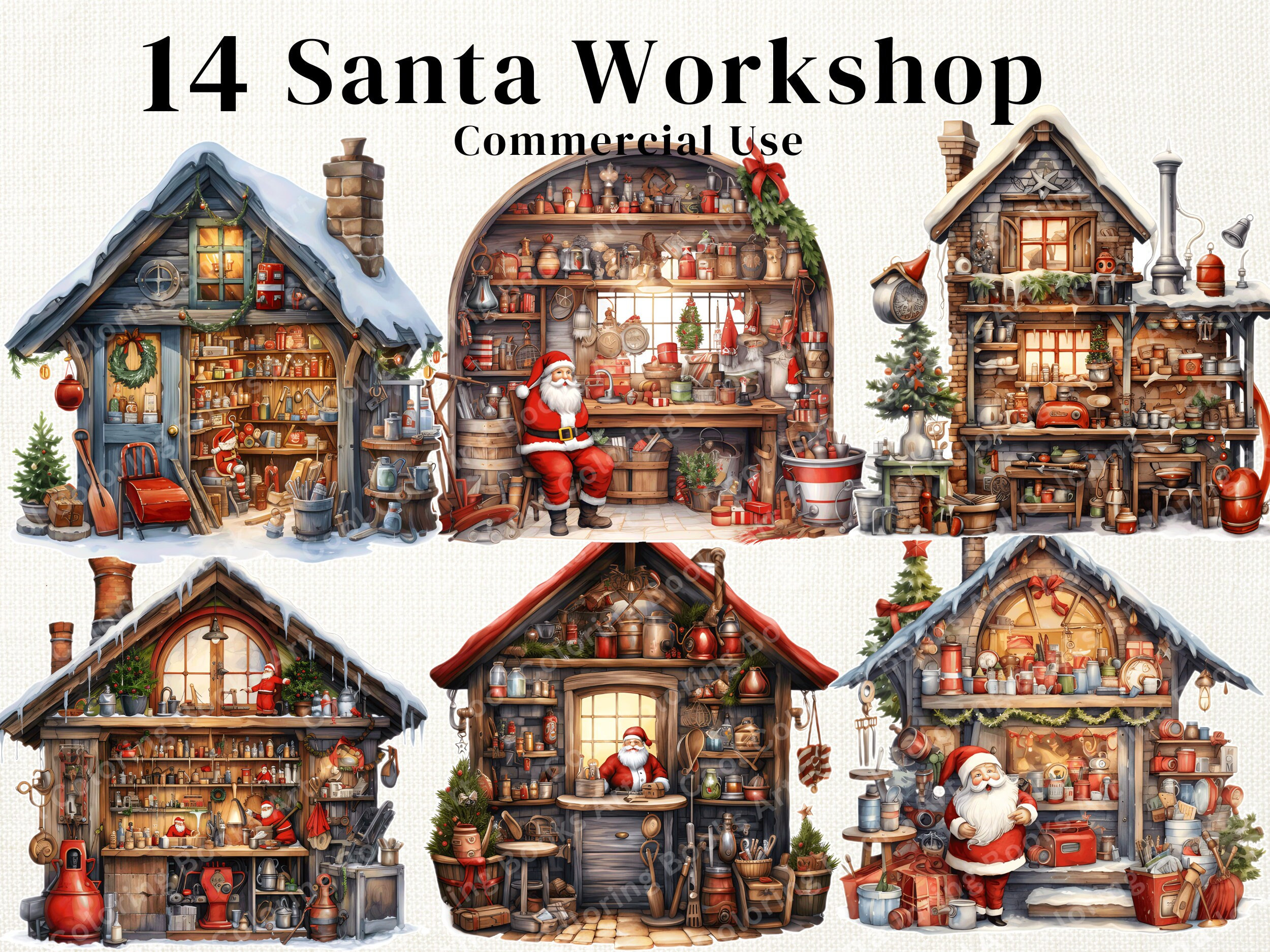 14 Santa's Workshop Clipart Bundle PNG, Watercolor Winter Christmas ...