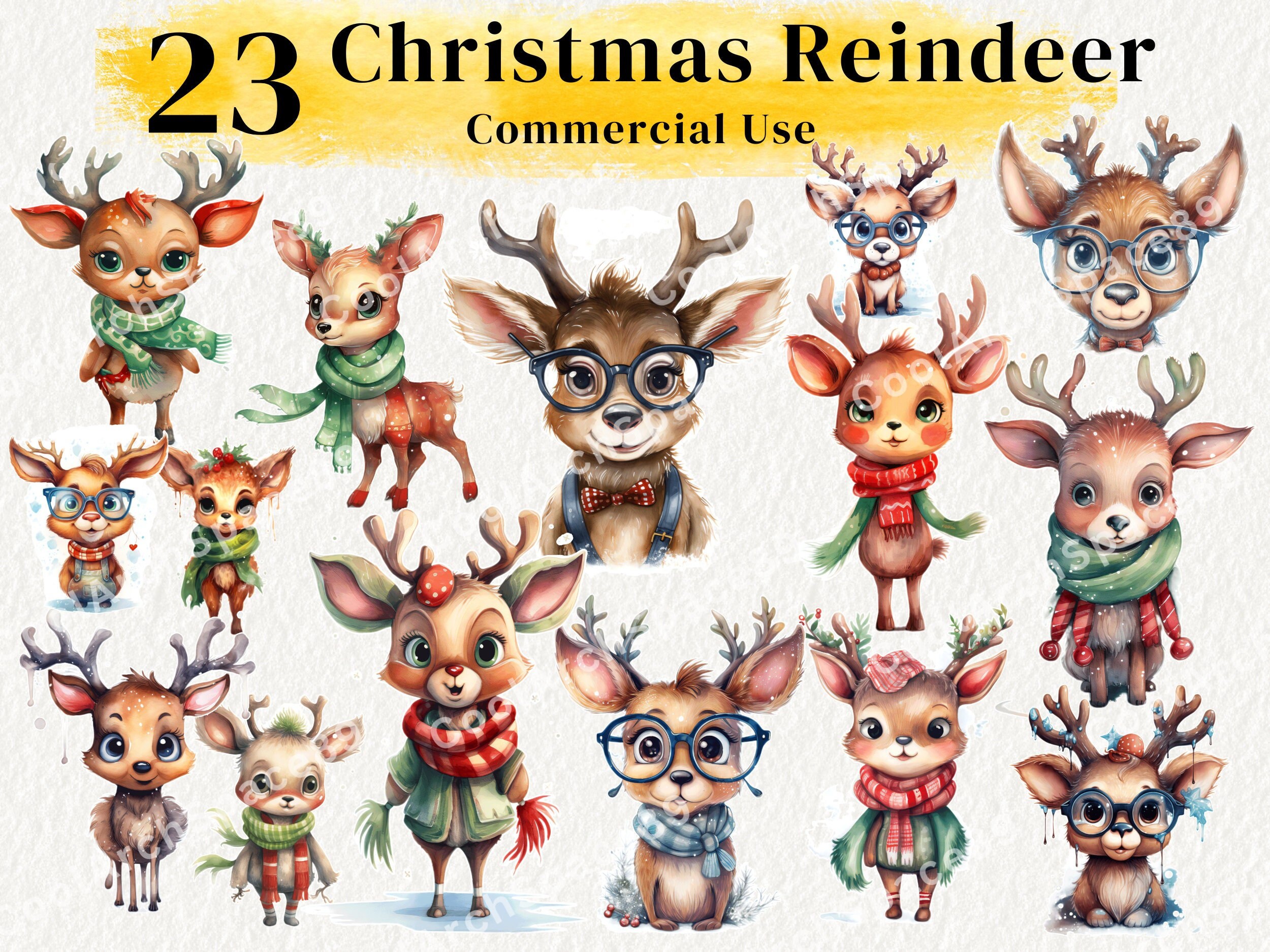 23 Christmas Reindeer Watercolor Clipart Bundle (Instant Download) - Etsy