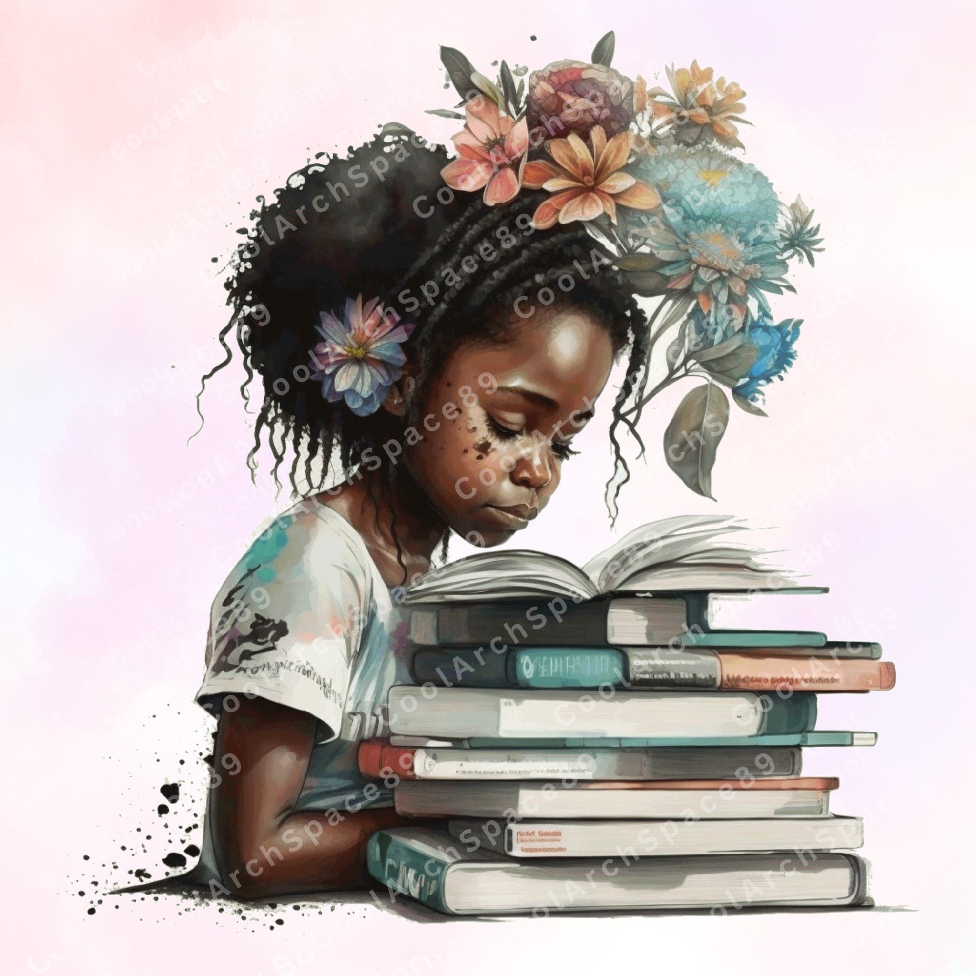 15 Watercolour Black Girl Reading Clipart Girl Studying - Etsy