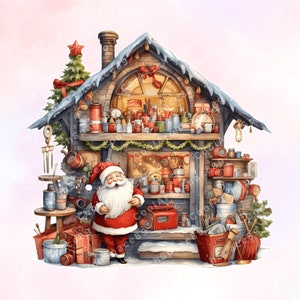 14 Santa's Workshop Clipart Bundle PNG, Watercolor Winter Christmas ...