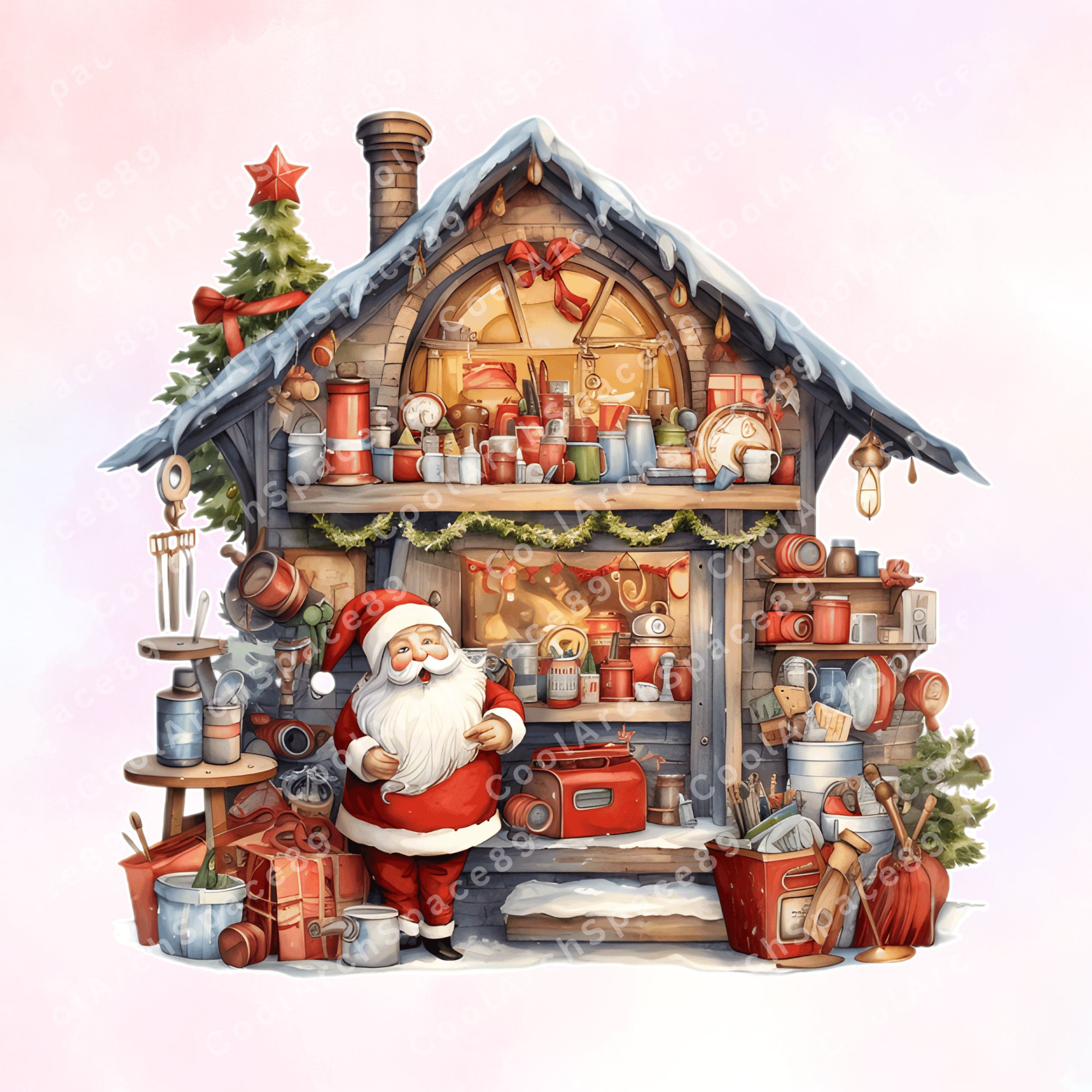 14 Santa's Workshop Clipart Bundle PNG, Watercolor Winter Christmas ...