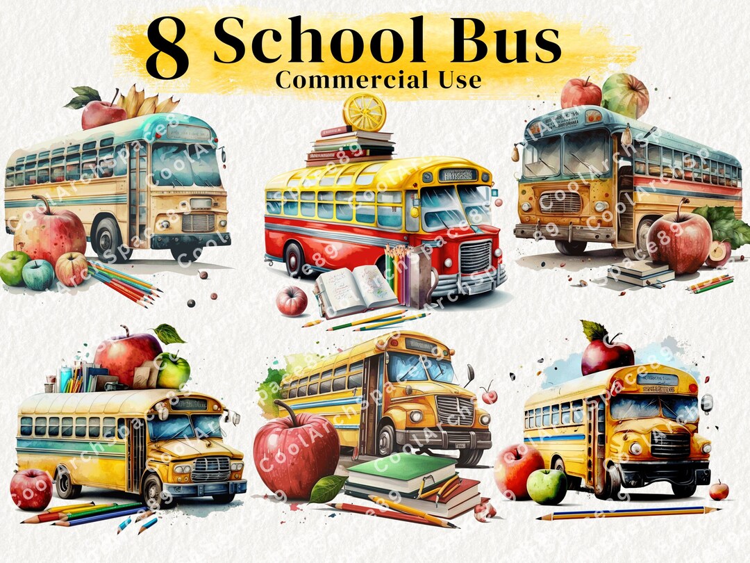 8 School Bus Watercolor Clip Art Bundle , Digital Planner, Back to ...