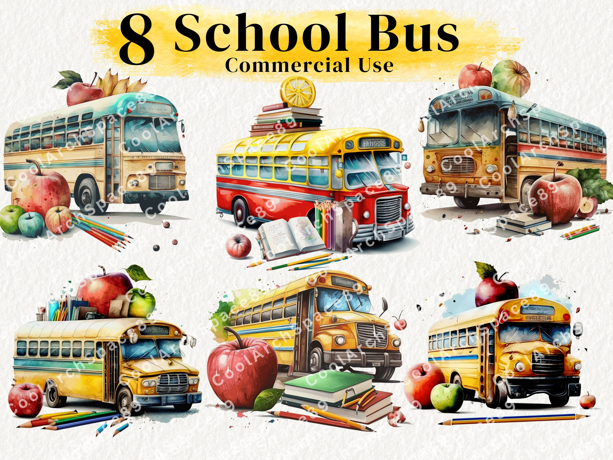 8 School Bus Watercolor Clip Art Bundle , Digital Planner, Back to ...