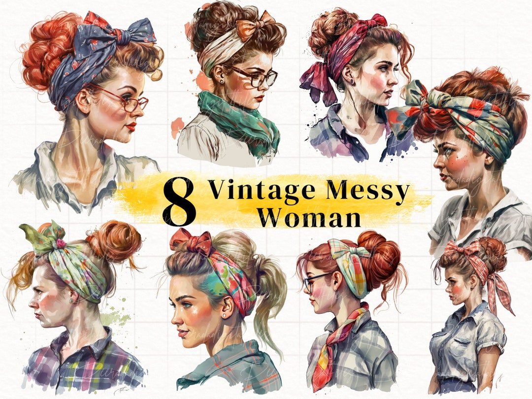 8 Girl Messy Bun Clipart Bundle , PNG Watercolor Woman Sublimation ...