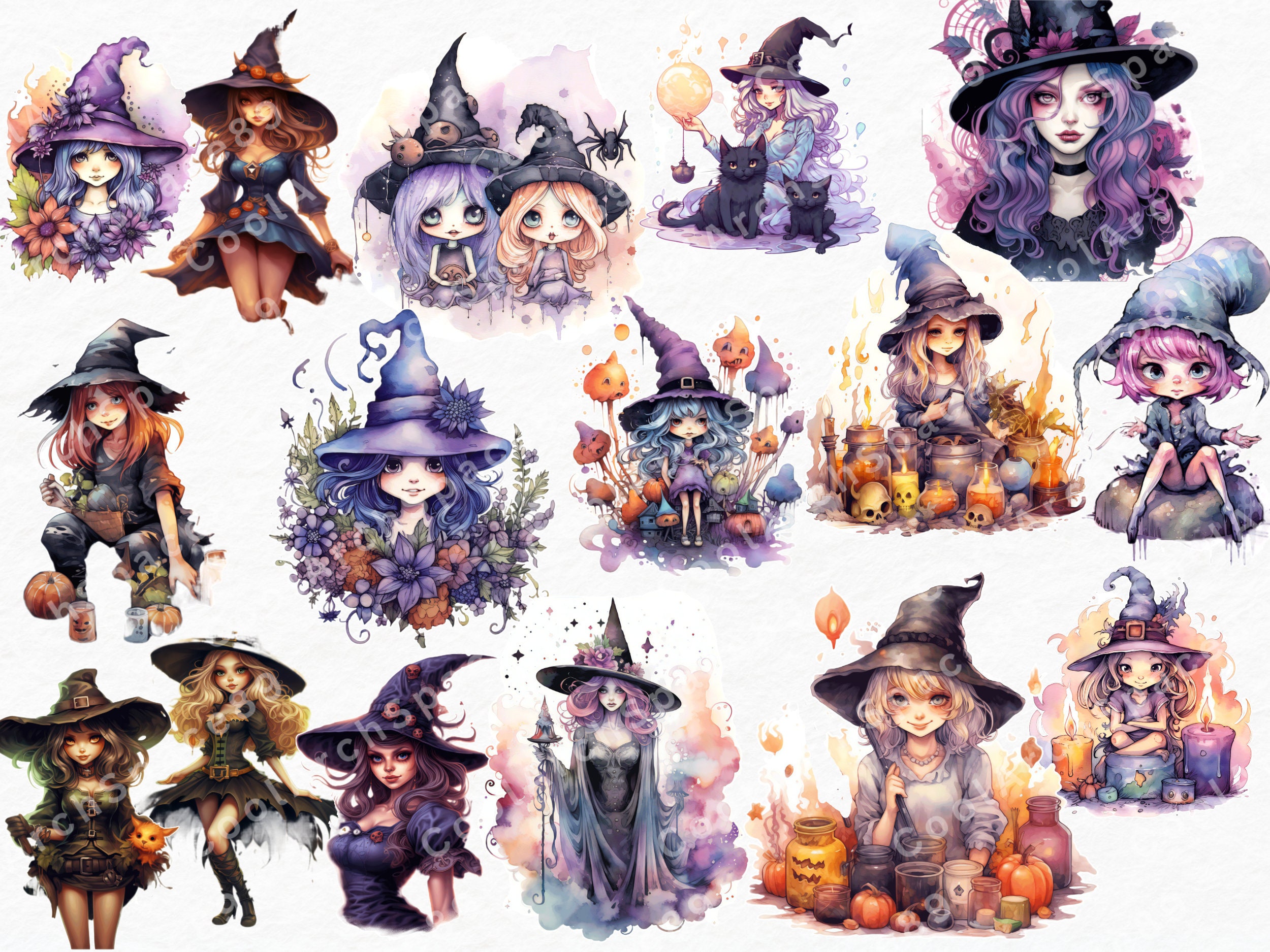 60 Witches Watercolor Clipart Bundle Fairytale Images - Etsy