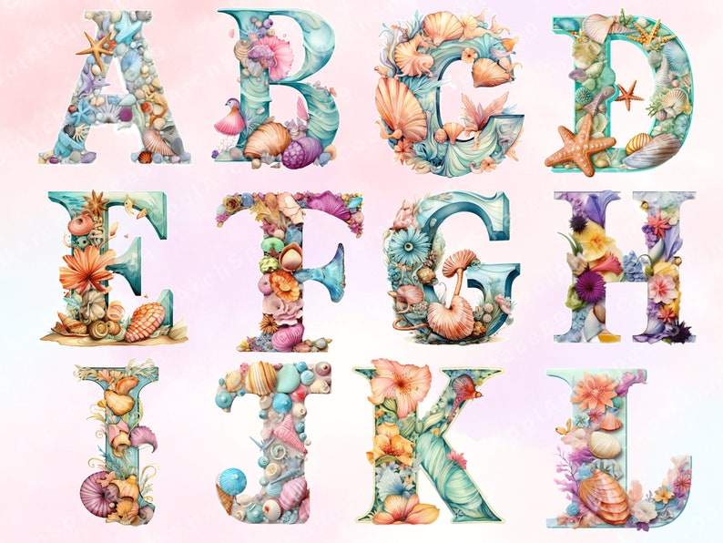 Watercolor Ocean Alphabet Clipart: Floral Underwater Letters (digital ...