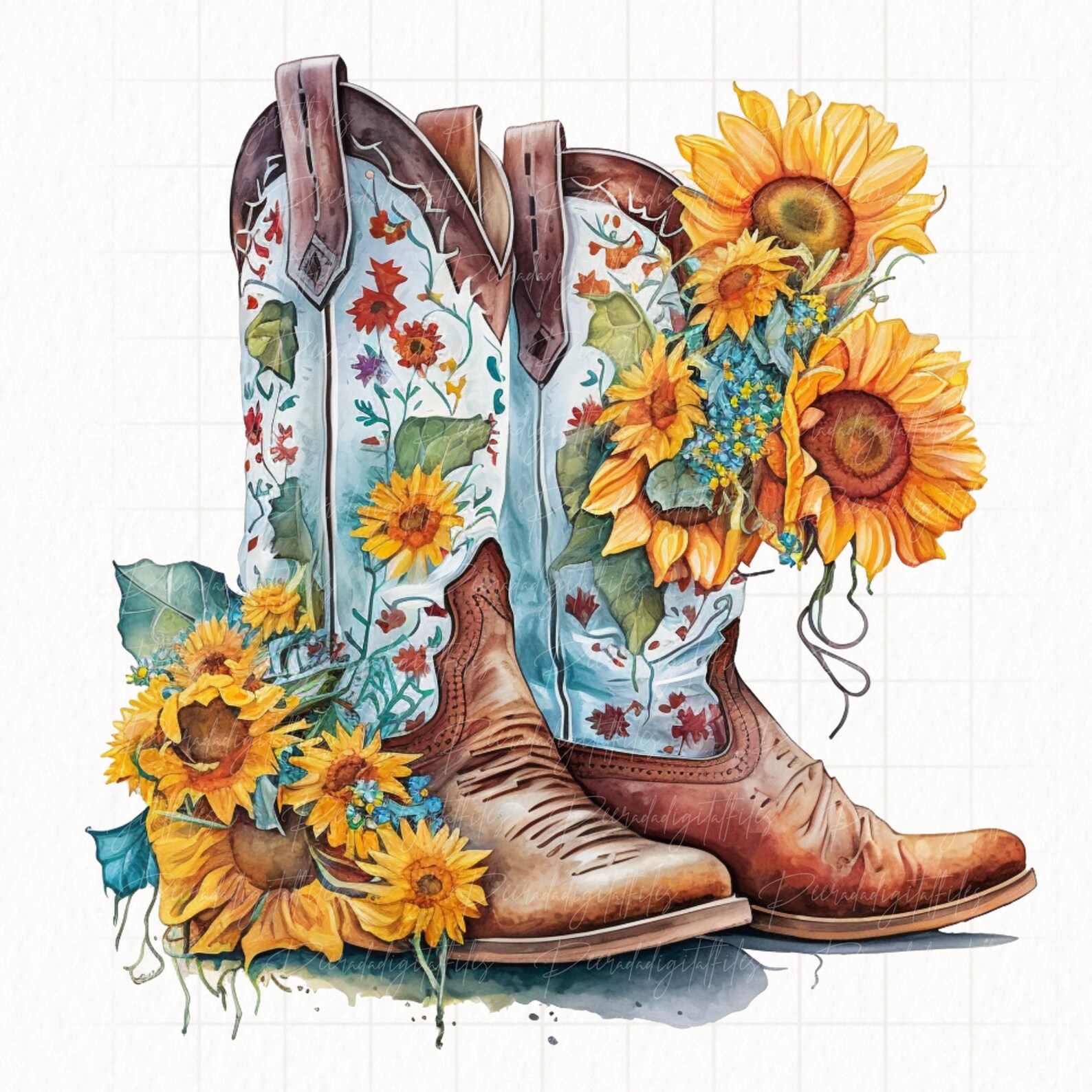 24 Cowgirl Boots , Sunflowers Boot Bundle , Watercolor Cowboy Boots ...