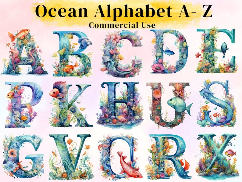 Alphabet Coral Reef, Ocean, Underwater World Watercolor Png, 26 Floral ...
