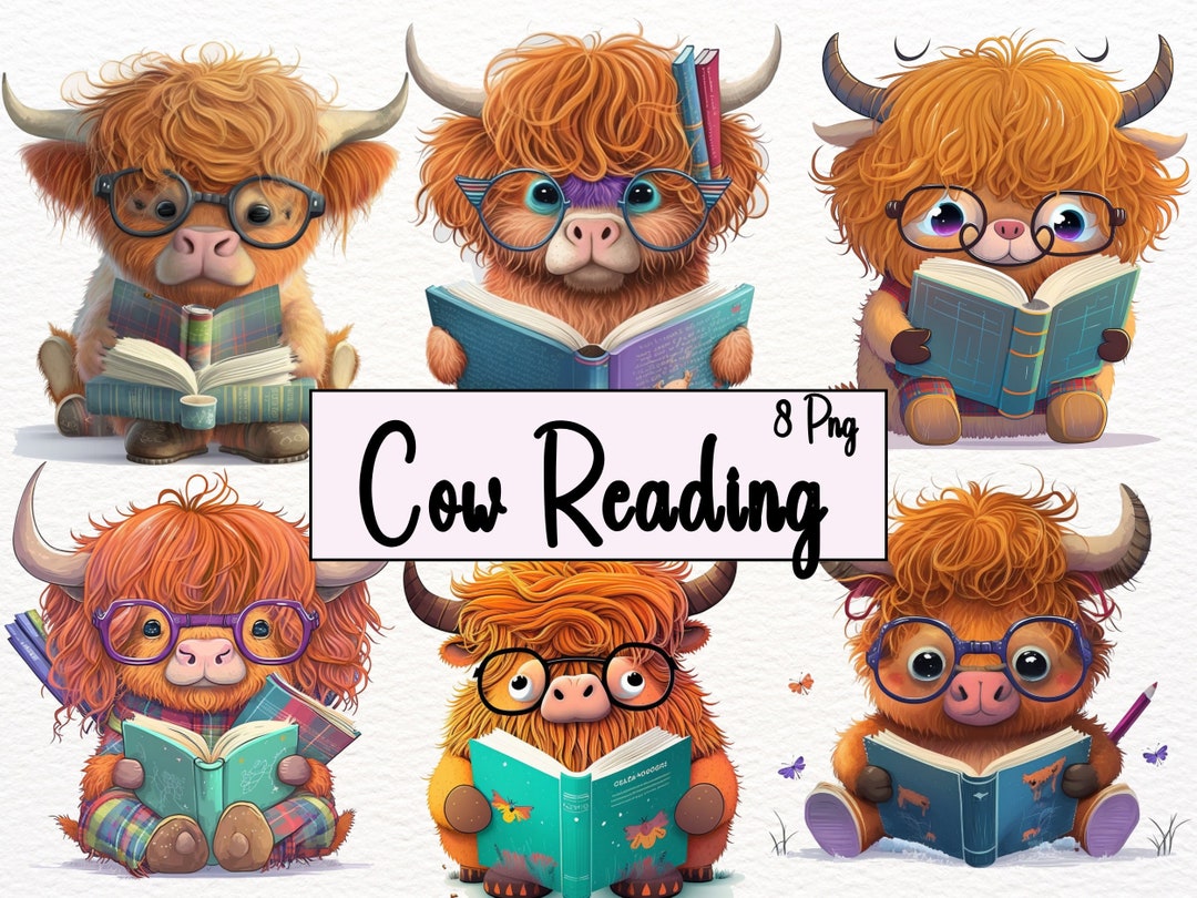8 Highland Cow Reading a Book Bundle ,sublimation Files , Digital ...