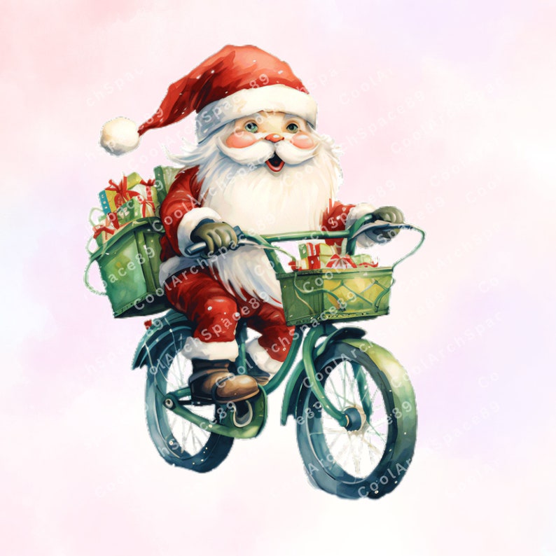 13 Watercolor Santa Claus With Green Bike Clipart Bundle, Digital ...