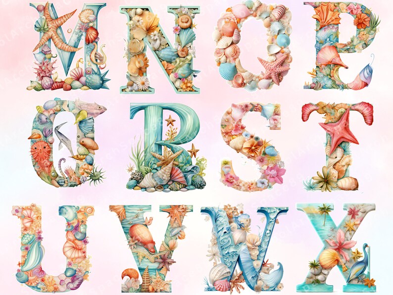52 Alphabet Under Ocean and Floral , Underwater World Watercolor Png ...