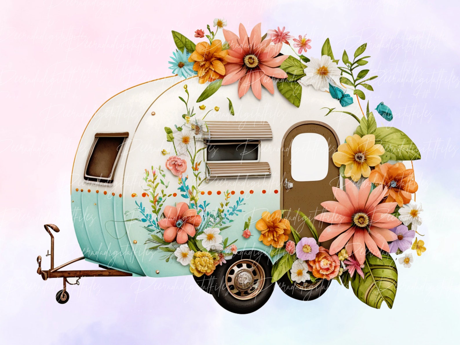 Watercolor Happy Camper Clipart Flowers 4 Png Bundle, Camper ...