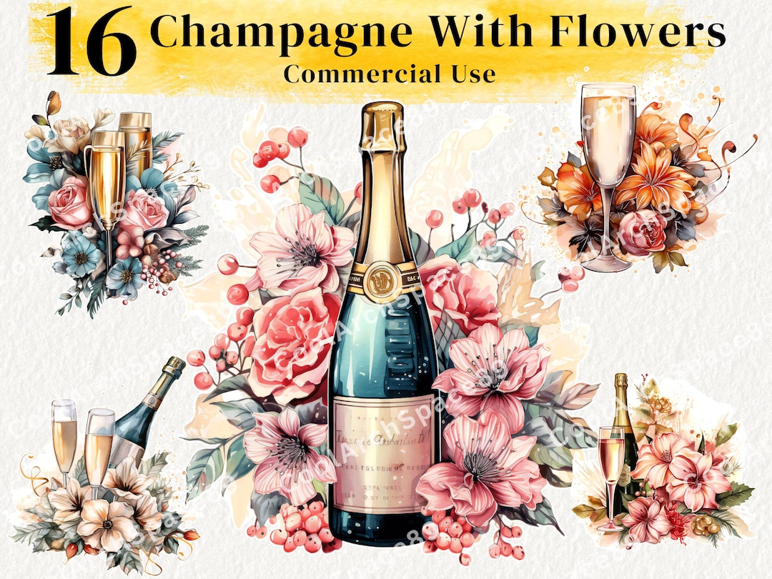 16 Champagne With Flowers Clipart Transparent Pngs, Sublimation Bundle ...