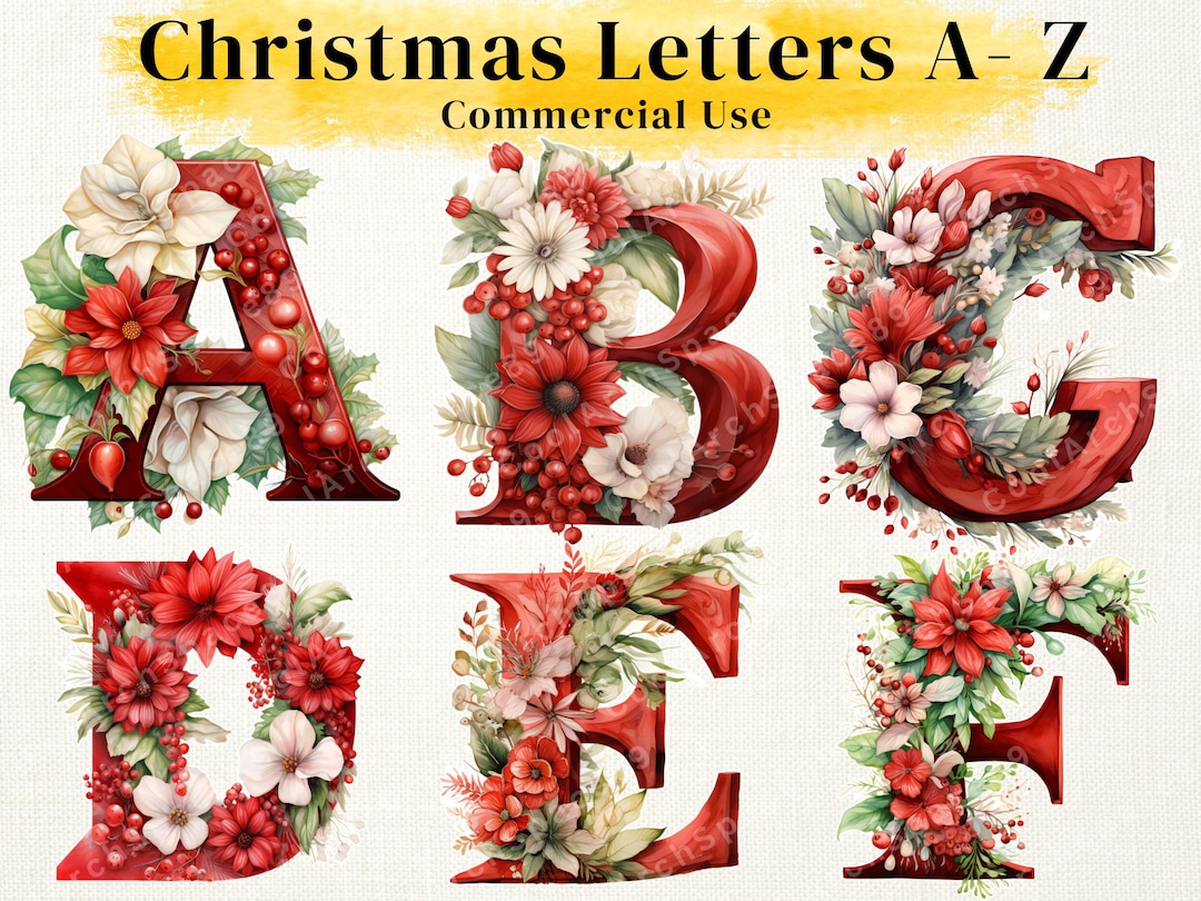 Watercolour Red Christmas Alphabet Clipart A- Z, Christmas Letters Clip ...