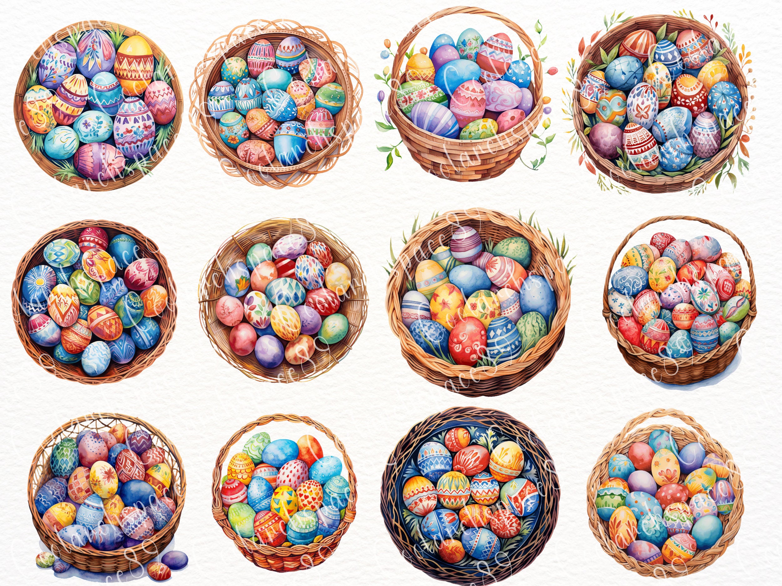 24 Watercolor Easter Baskets Clipart Png ,floral Egg Baskets , Instant ...