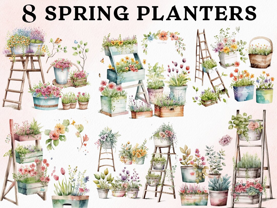 8 Watercolor Spring Planters Clipart , Springtime Cute Planter Boxes ...