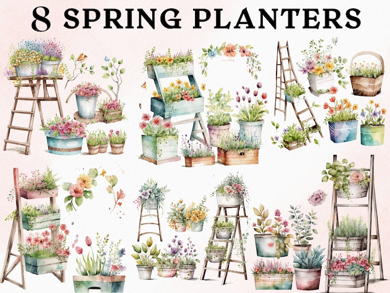 8 Watercolor Spring Planters Clipart , Springtime Cute Planter Boxes ...