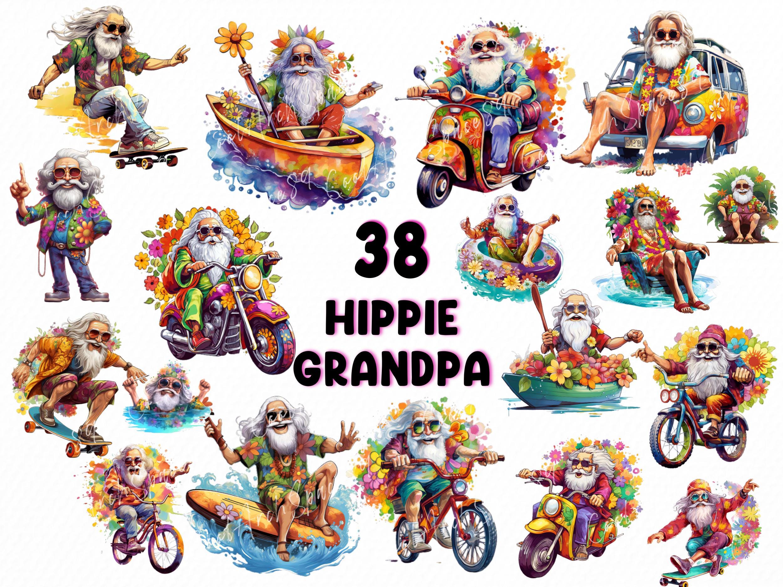 38 Hippie Grandpa Clipart PNG Bundle: Watercolor Art (instant Download ...