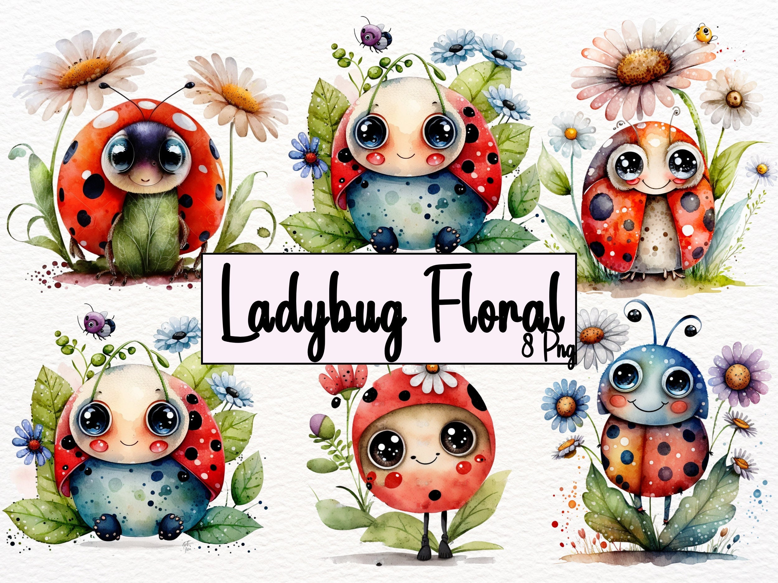 8 Cute Ladybug Watercolor Clipart, Watercolor PNG, Sublimation Files ...