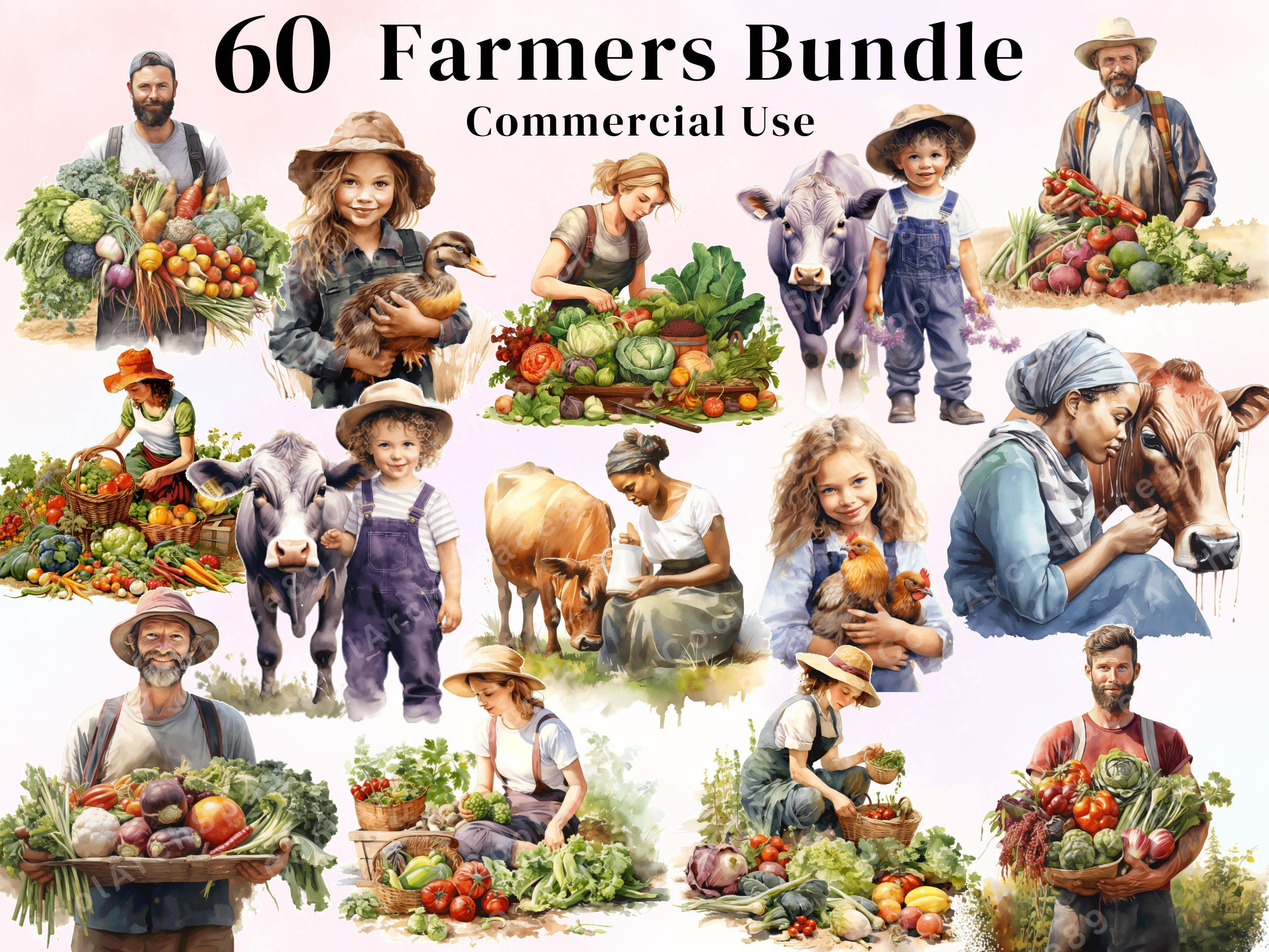 60 Farming Clipart Big Bundle Watercolor Farming Animals Pngs for ...