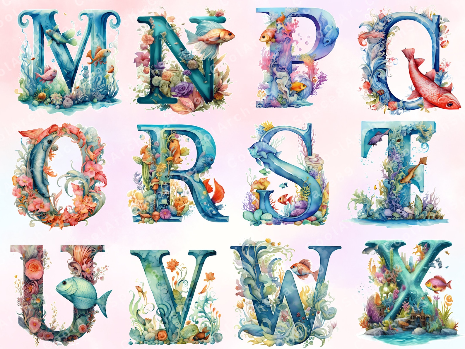 Alphabet Coral Reef, Ocean, Underwater World Watercolor Png, 26 Floral ...