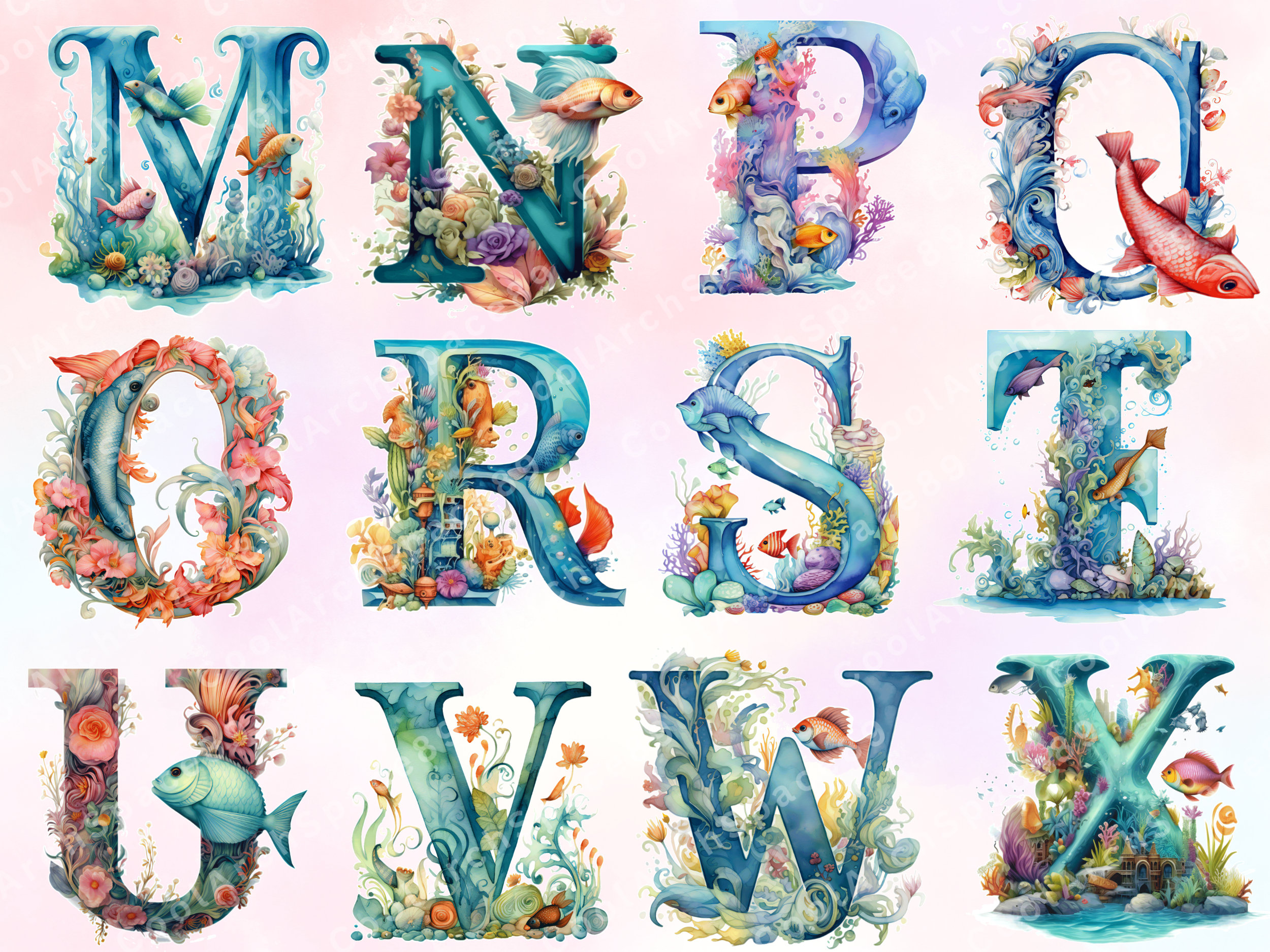 Alphabet Coral Reef, Ocean, Underwater World Watercolor Png, 26 Floral ...