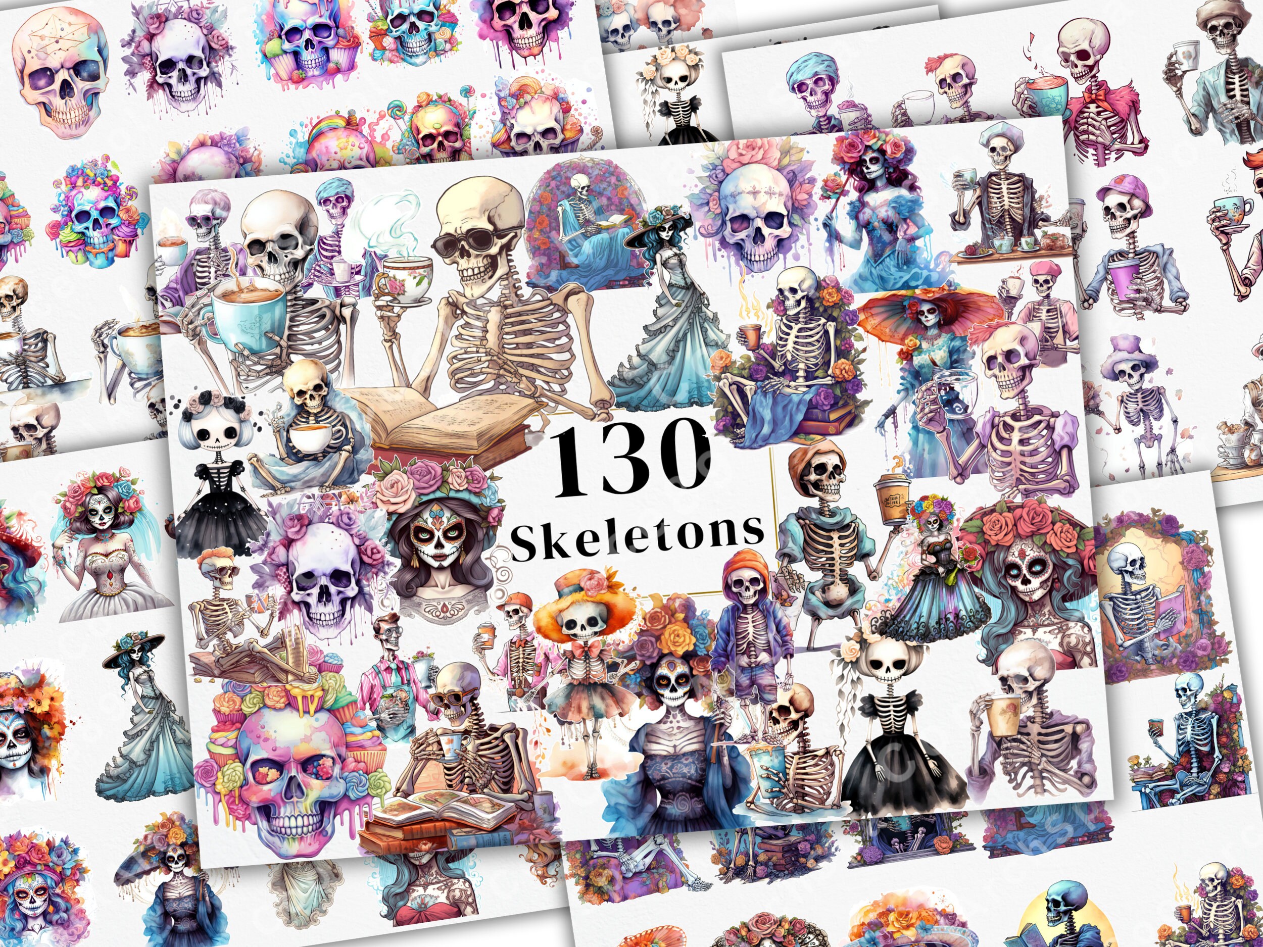 130 Skeletons Watercolor Clipart Bundle PNG , Skeleton Skull Images ...