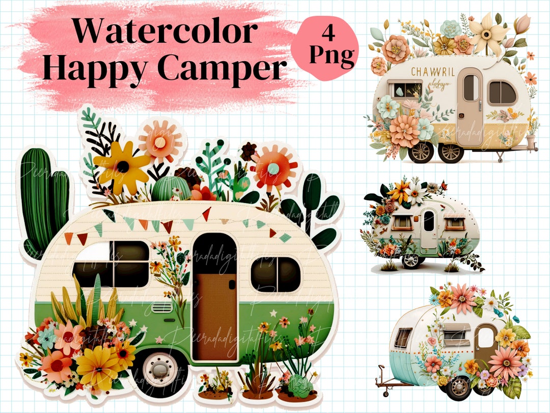 Watercolor Happy Camper Clipart Flowers 4 Png Bundle, Camper ...