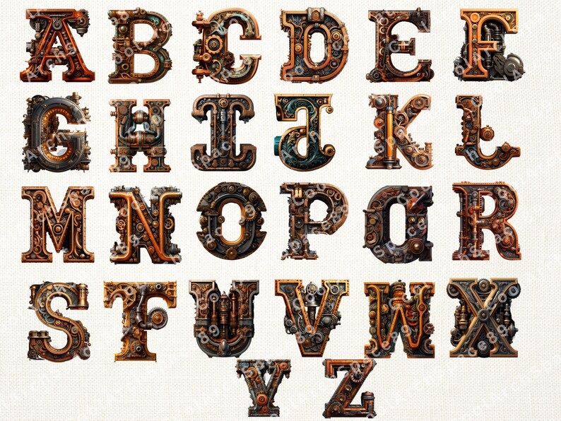 Steampunk Letter PNG clipart Bundle Full English Alphabet - Etsy