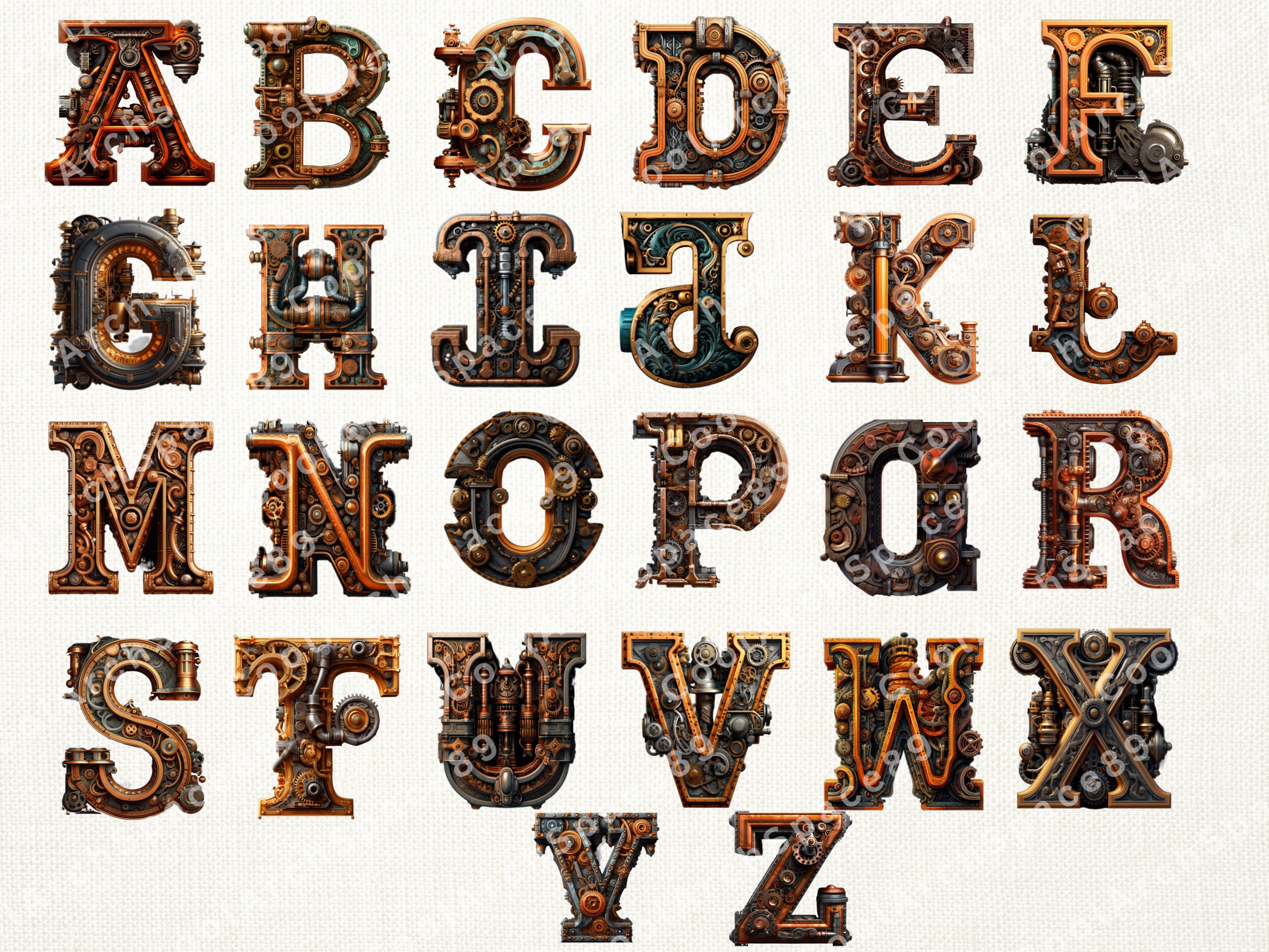 Steampunk Letter PNG clipart Bundle Full English Alphabet - Etsy