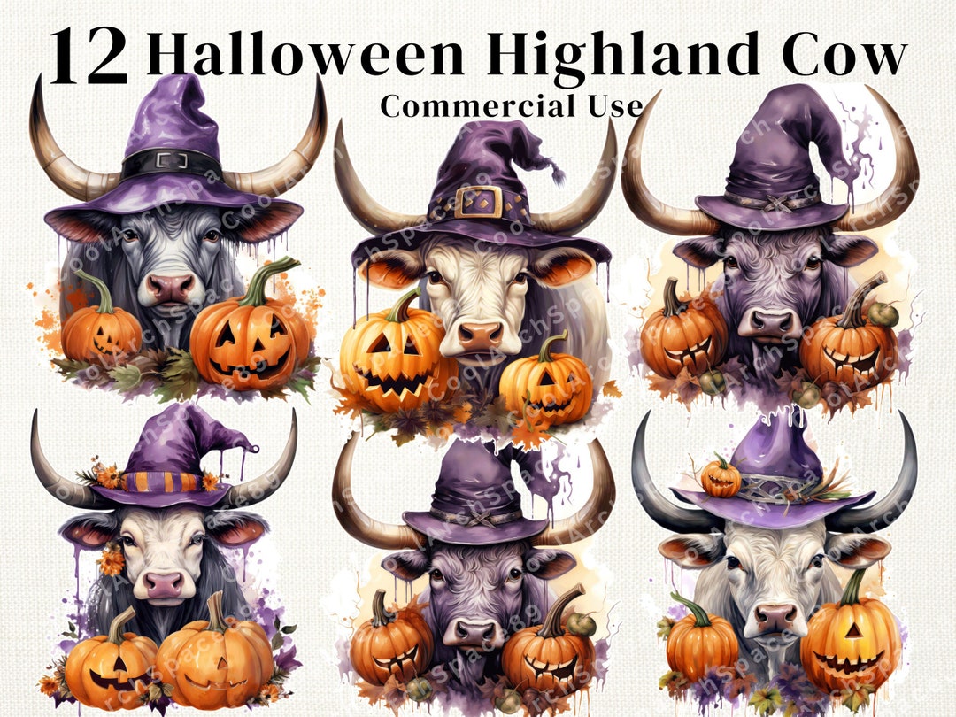 12 Halloween Highland Cow PNG for Sublimation Fall Highland Calf Witch ...