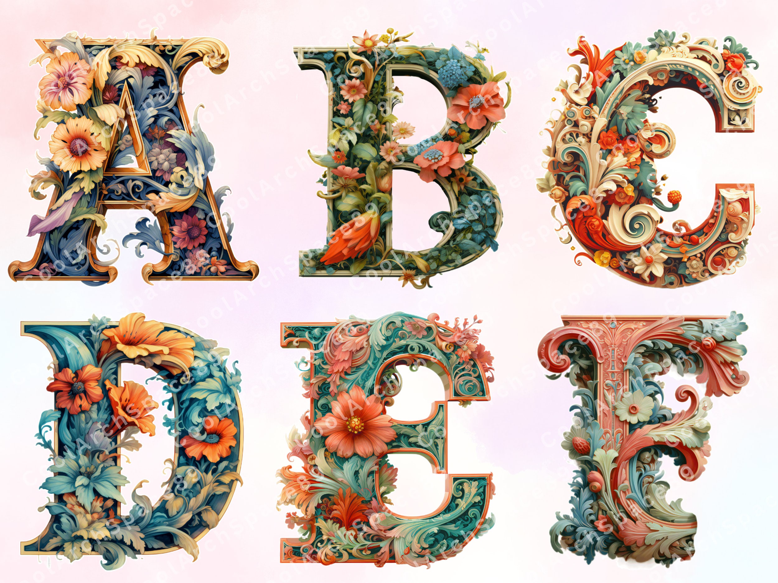 Floral Alphabet Clipart,floral Letters Png,watercolor Alphabet Png ...