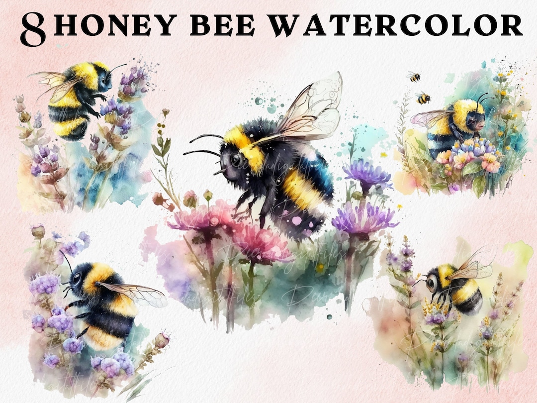8 Watercolor Bees on Flowers Watercolor Bee Clipart PNG - Etsy