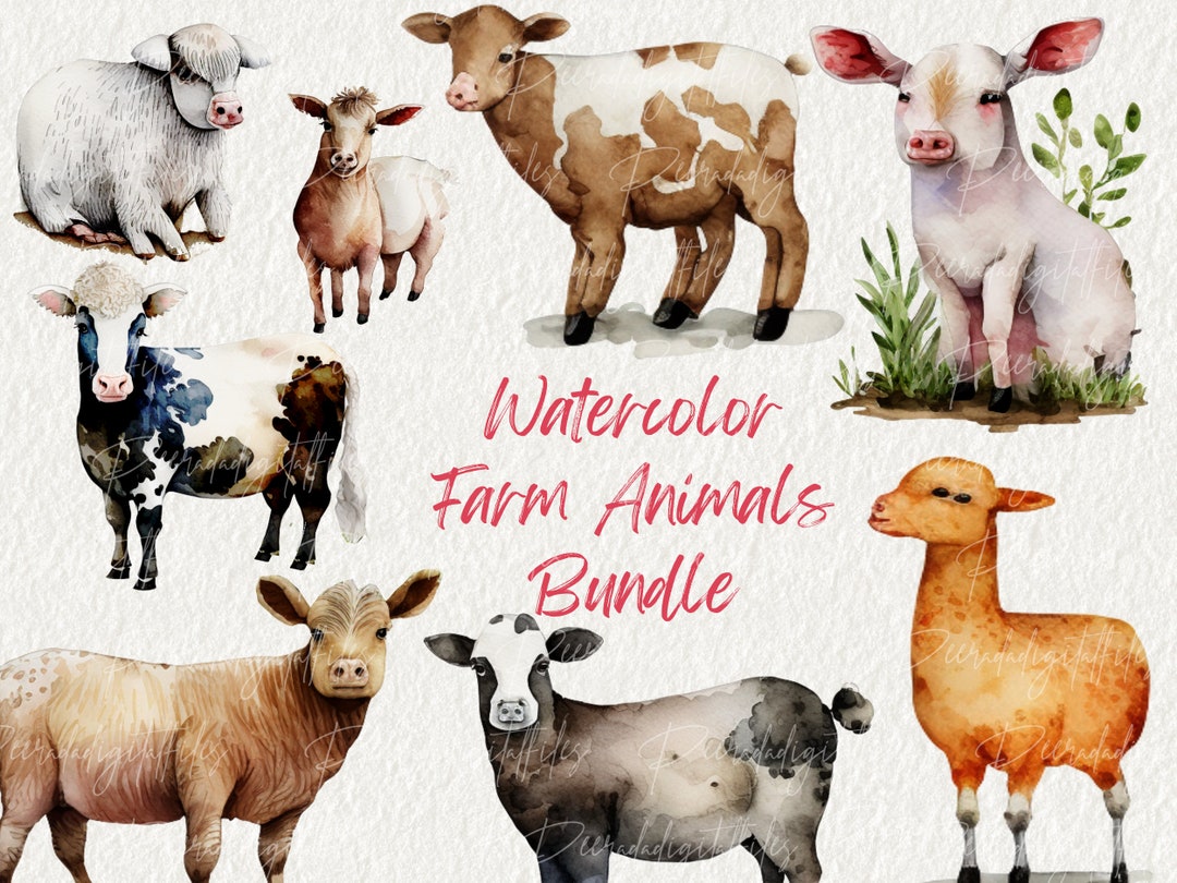 Farm Animals Watercolor Clipart 8 Png Bundle , Cute Farm Clip Art ...