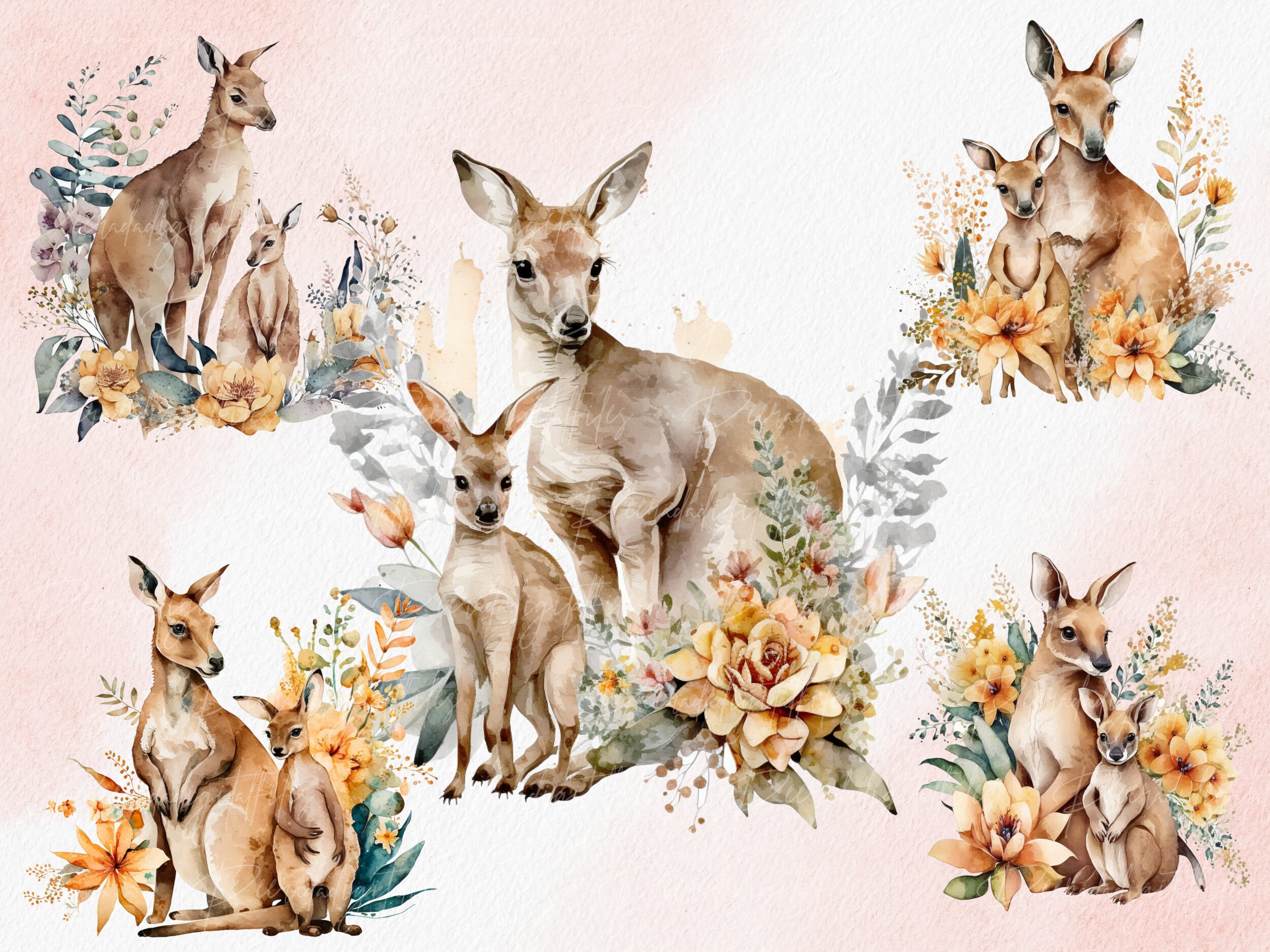 8 Watercolor Kangaroo Clipart, Sublimation Files , Nursery Decor Wall ...
