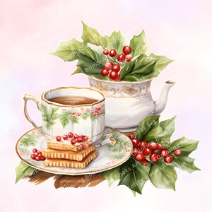 24 Christmas Tea Clipart: Watercolor Holiday Tea Cups (PNG Digital ...