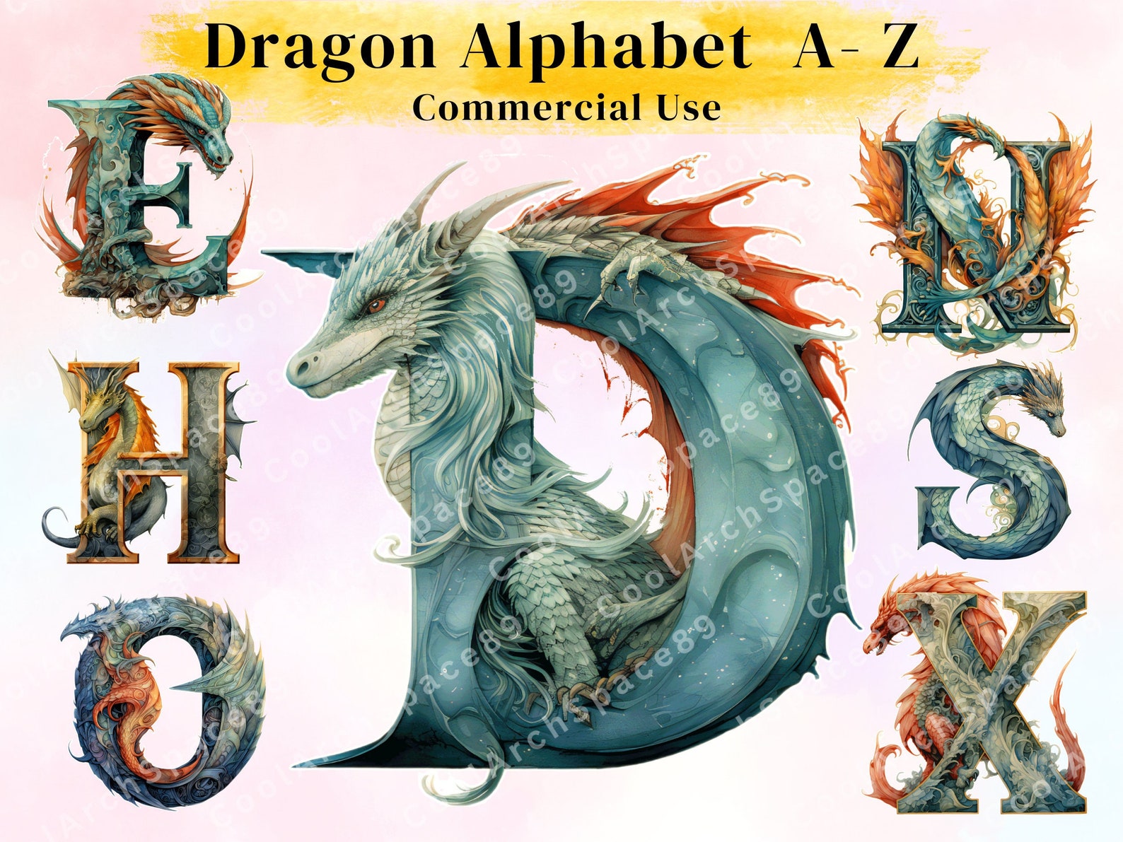 26 A Z Dragon Themed Alphabet Clipart, Watercolor, Digital Print ...