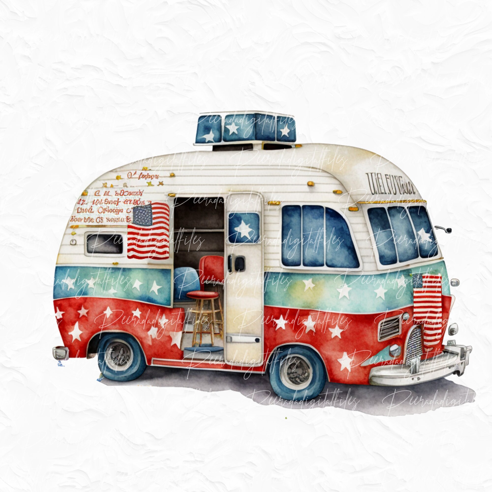 4th of July Camper Watercolor 4 PNG ,camp USA Clipart , Retro Camper ...