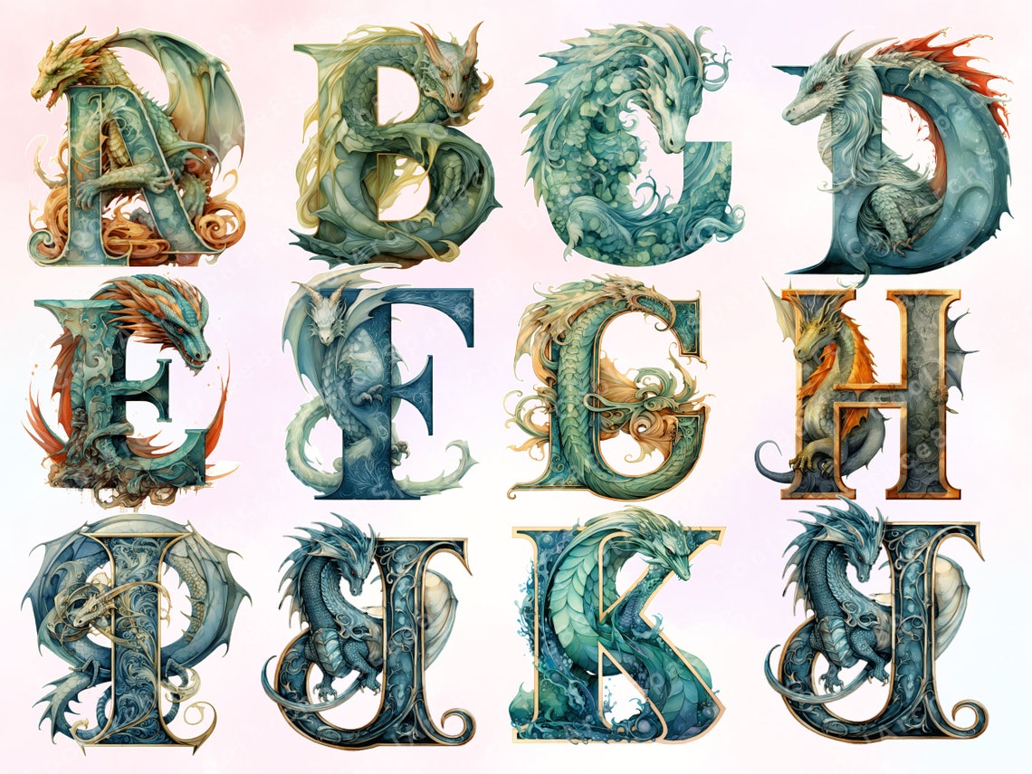 26 A Z Dragon Themed Alphabet Clipart, Watercolor, Digital Print ...