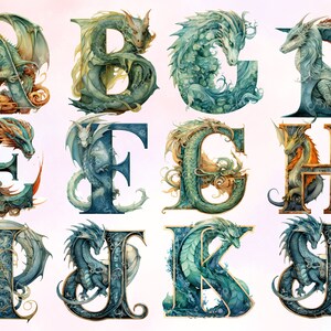 26 A - Z Dragon Themed Alphabet Clipart, Watercolor, Digital Print ...