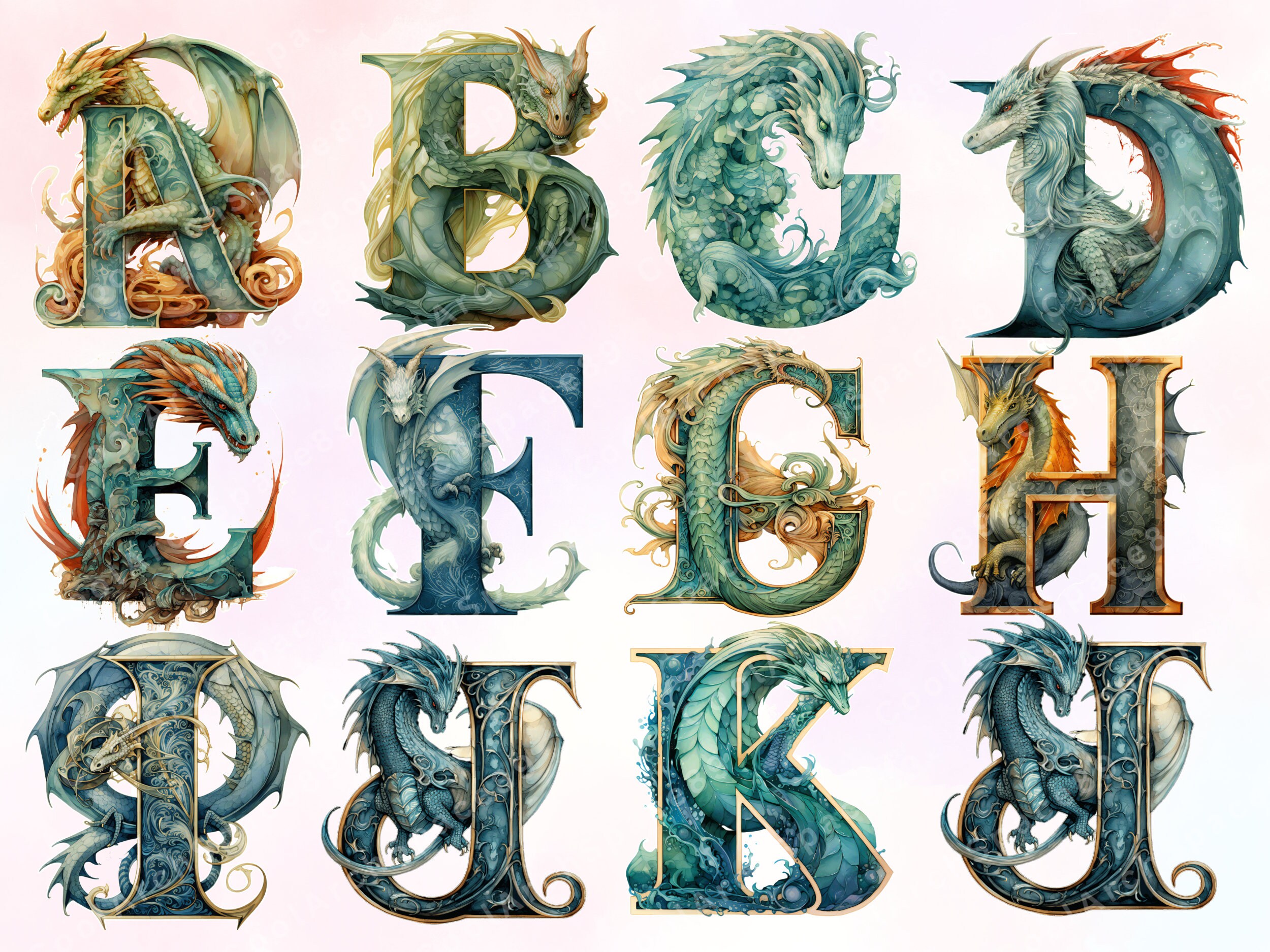 26 A Z Dragon Themed Alphabet Clipart, Watercolor, Digital Print ...