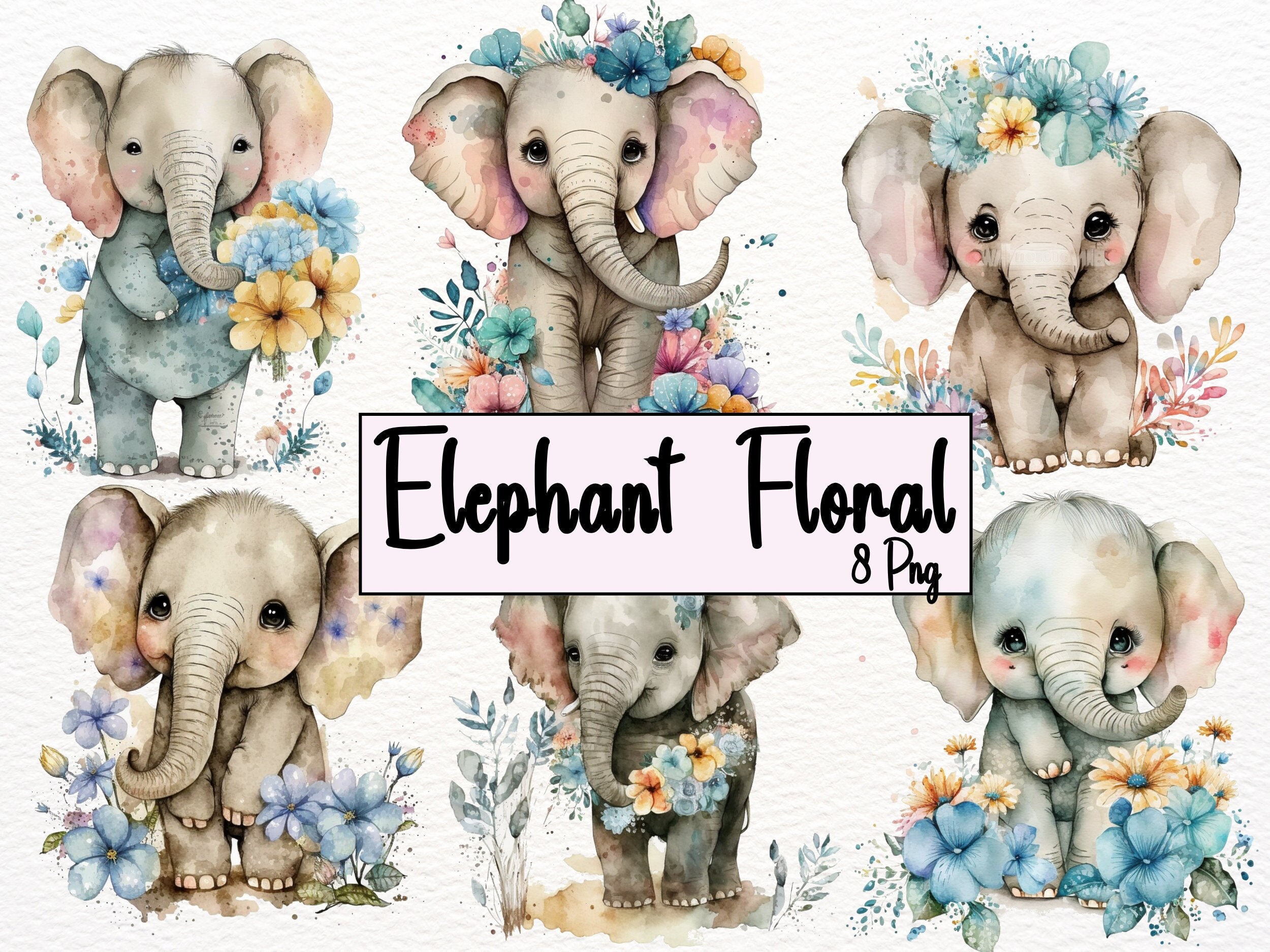 8 Elephant Watercolor Clipart, Suiblimation Files, Elephant PNG ...