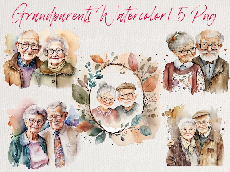 Grandpa and Grandma Watercolor 5 Png Bundle , Oldman Clipart Grandma ...