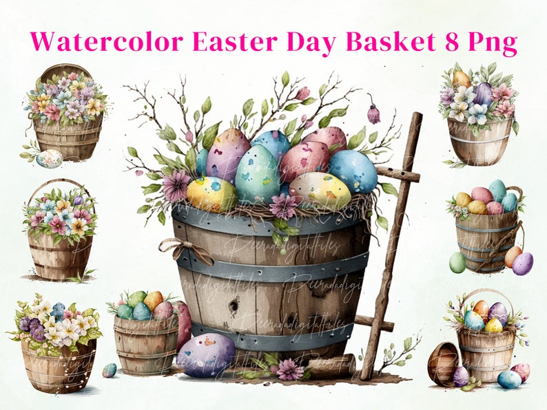 8 Png Watercolor Floral Easter Baskets, Watercolor Eggs, Watercolor ...
