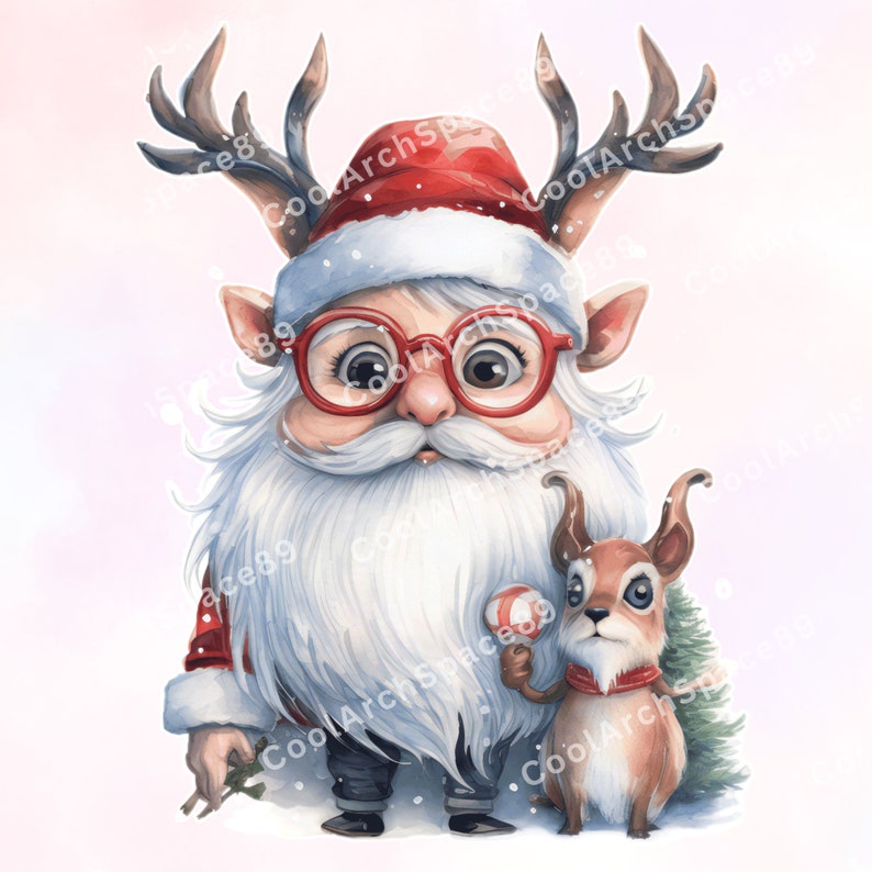 17 Santa Reindeer Watercolor PNG Bundle , Santa Claus Clipart ...
